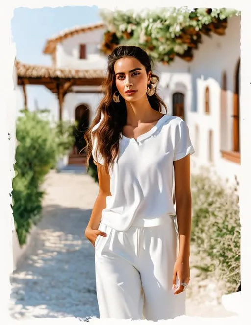 beautiful Greek girl in pants. long hair in a bun, h...