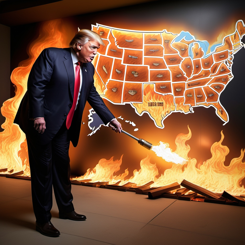 Donald Trump setting a large wall map of the United...