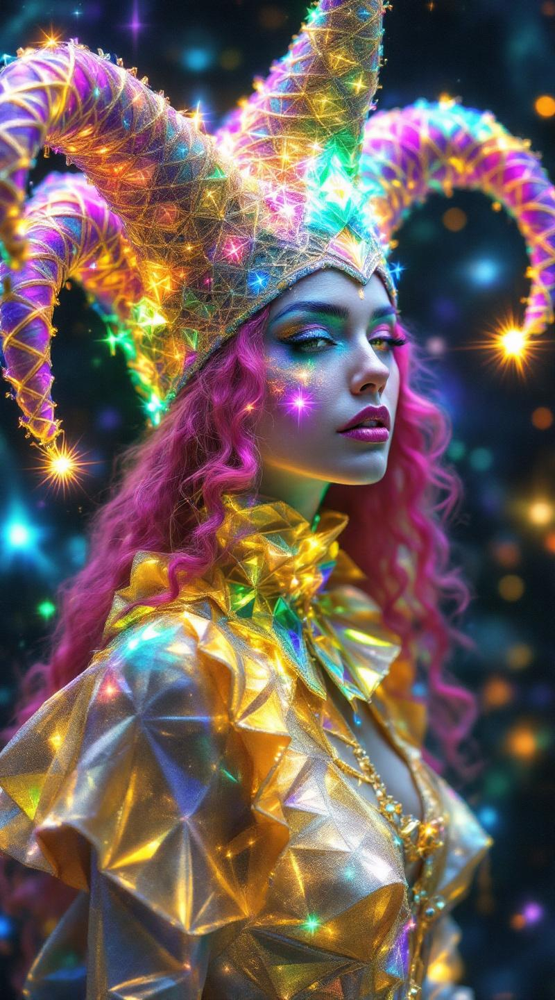 An astral jester composed entirely of luminous fract...