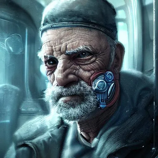 portrait of old cyberpunk man in sci fi subway wagon... | OpenArt