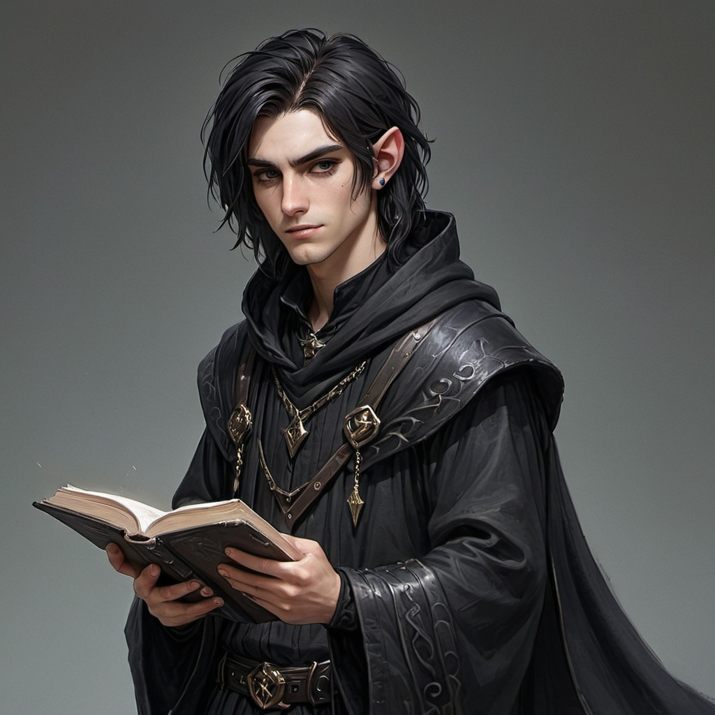 DnD young emo male human wizard with a spellbook in...