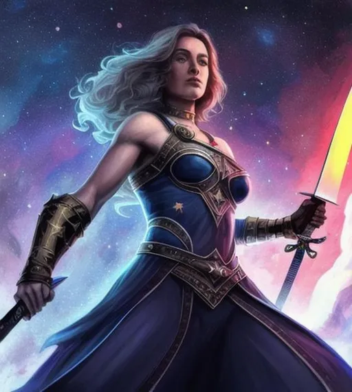Strong woman,Holding a sword,into cosmic space,magic... | OpenArt