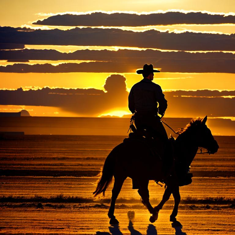 cowboy riding towards sunset in Texas desert. pictur...