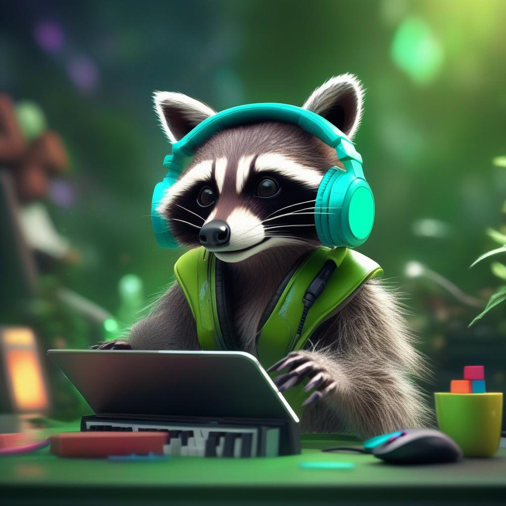 cute Racoon wearing a colorful gaming headset with k...