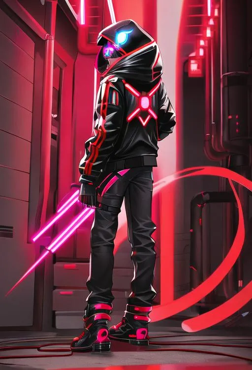 Male character, black but red neon gas mask, cyber n... | OpenArt