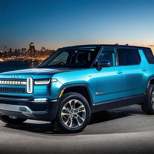 Rivian R1T in blue, in sydney at night, neon lighting