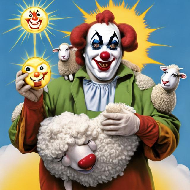 HOLY COW, ON TOP A CLOWN, SHEEP IN HAND, STEVE HARVY... | OpenArt