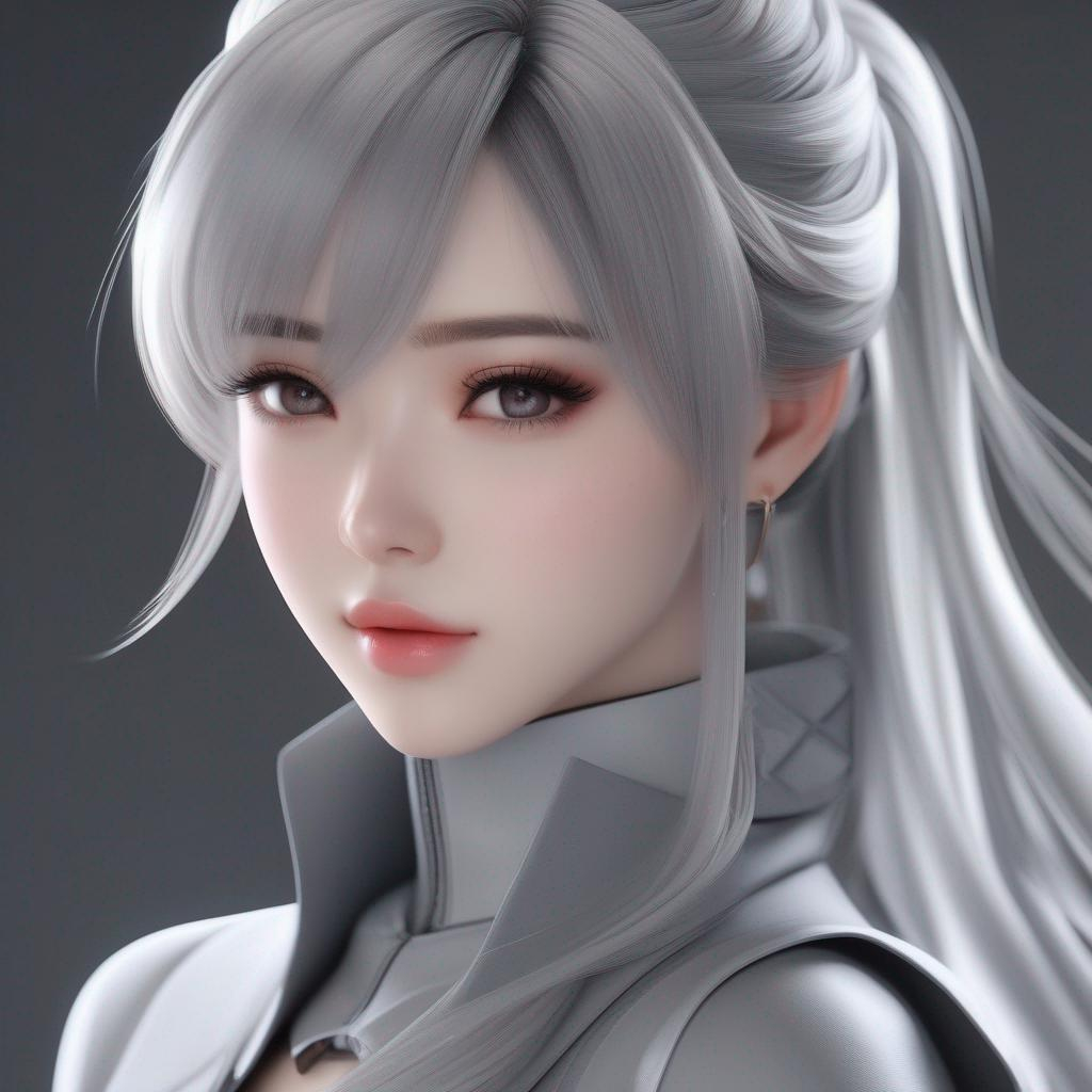 3d anime woman model full grey grey skin and beautif...