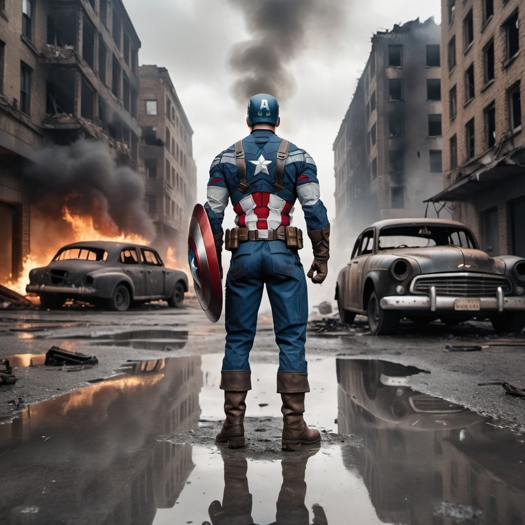 Captain America standing menacingly in a destroyed p...