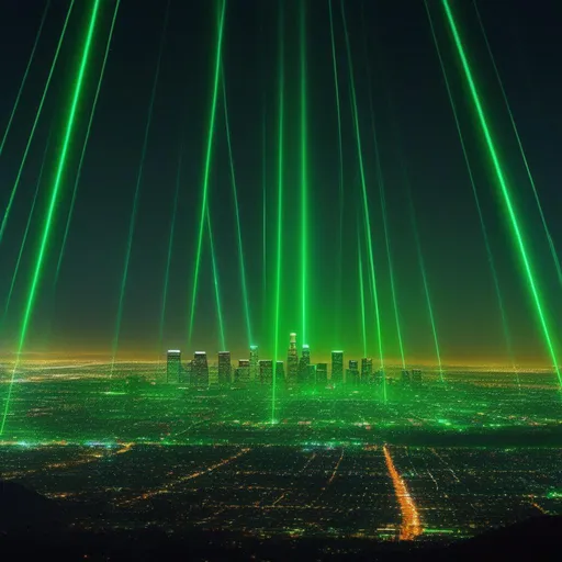 several Green laser falling from the sky and hitting...