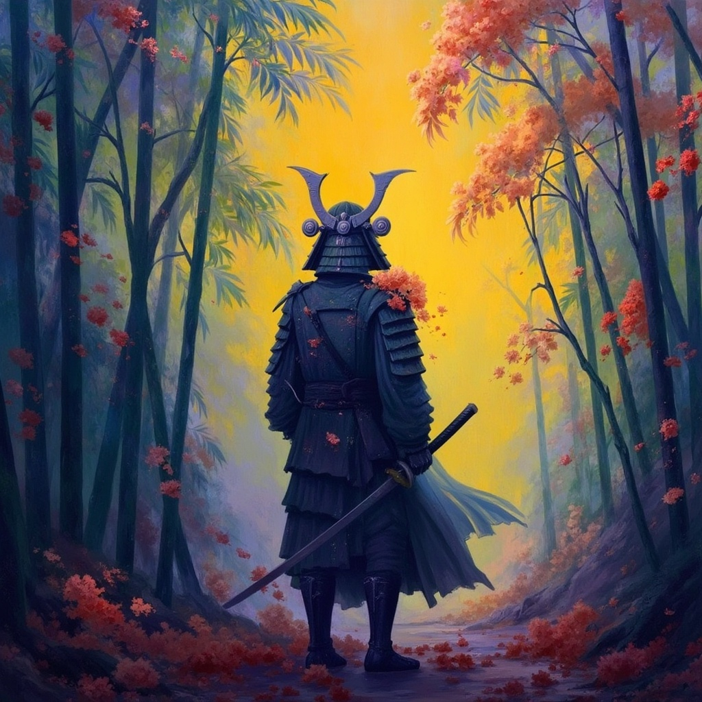 A samurai in full armor, standing in a bamboo forest...
