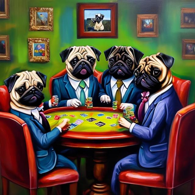 A painting of four happy pugs dressed in suits playi...