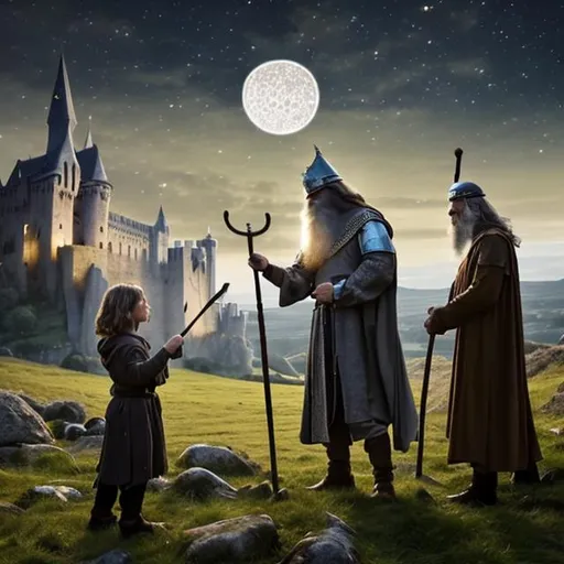 Create an image of a medieval landscape at twilight,...