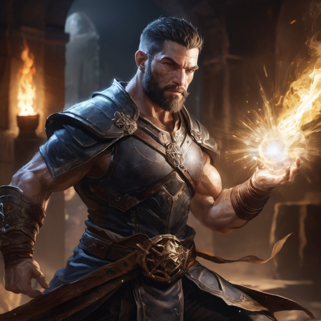 Male stocky large muscular battle-mage with short-cu...