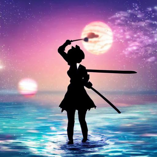 Anime girl with katana stepping in water, backdrop o... | OpenArt
