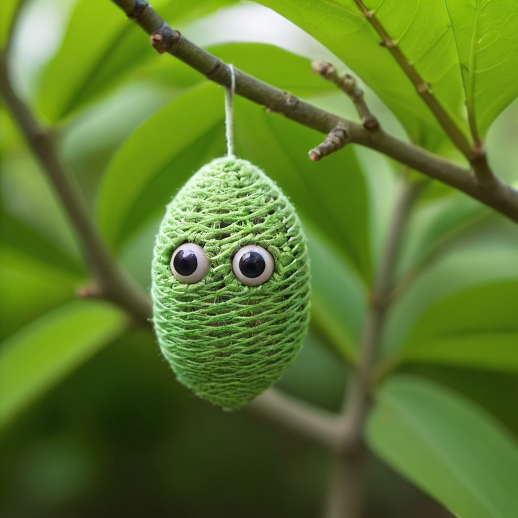 Tiny green cocoon hanging of a tree with cute eyes
