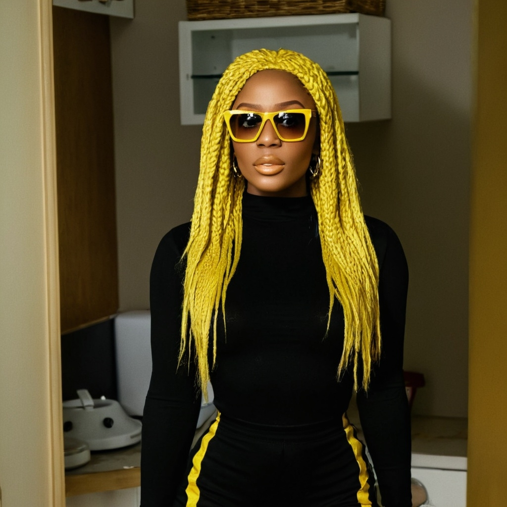 Woman is wearing a yellow two piece outfit and yello...