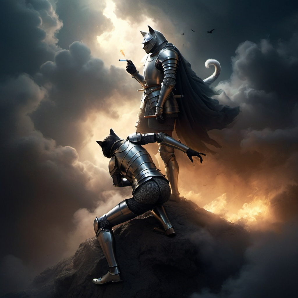knight looking up to the sky, comforted by his faith...