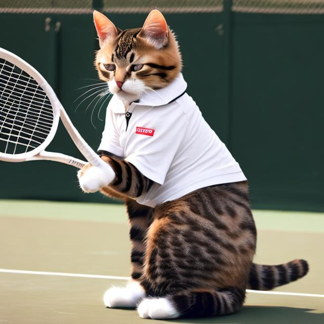 A cat wearing a beautiful tennis skirt plays tennis