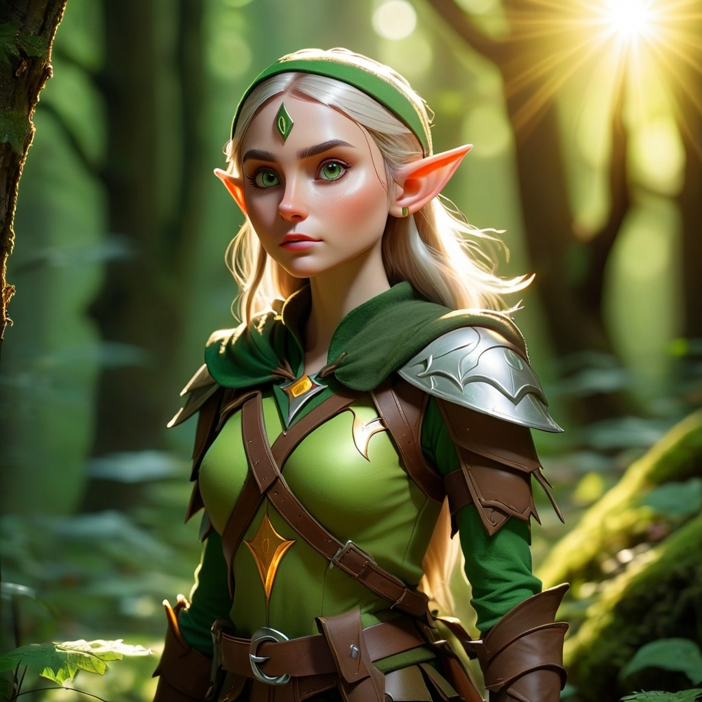 Elf ranger in a mystical forest around sunlight