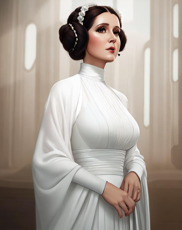Photorealistic portrait of Princess Leia in her whit...