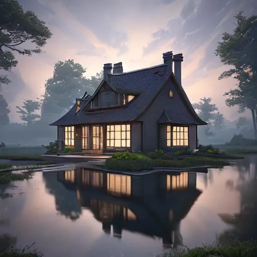 Anything, Dawn, Photograph, serene pond, cute house,... | OpenArt