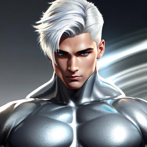 male with {iridescence} silver hair, perfect body, m... | OpenArt