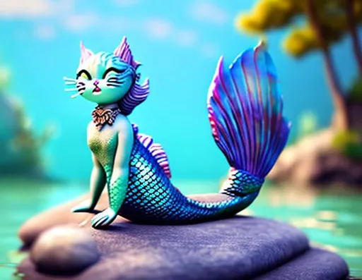 Mermaid cat sitting on a rock that’s on the water