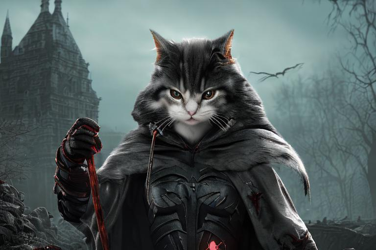 {vampire cats, hooded cloak, gotham style, red eyes,...