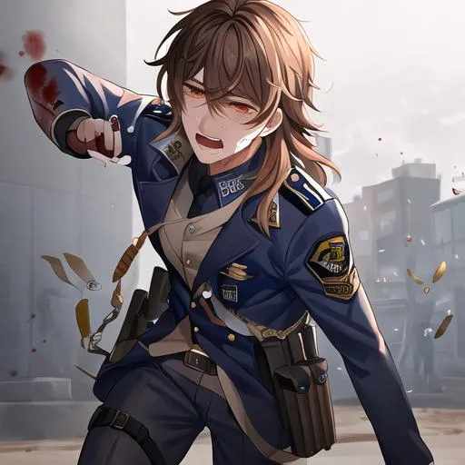 Caleb as a police officer, bullets flying, wounded,...