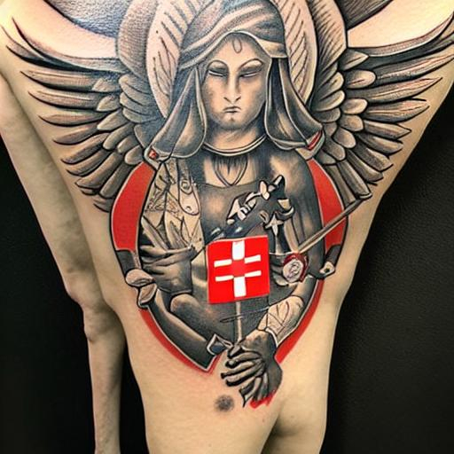 A crusader angel female holding a shield with a red... | OpenArt