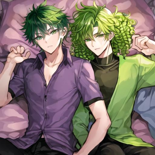A guy with green curly hair and green eyes and a guy... | OpenArt