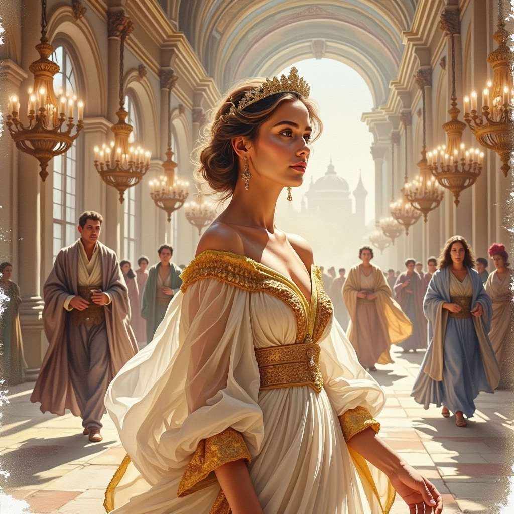 In a grand, opulent palace, a striking figure captur...