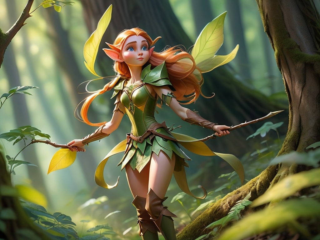 Elf ranger in a mystical forest around sunlight