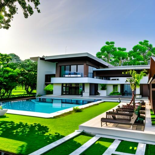 a house with smart landscape many plants and trees,... | OpenArt