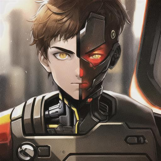 305, Half Face Cyborg Boy, Brown_Hair, Brown_Eyes, Y...