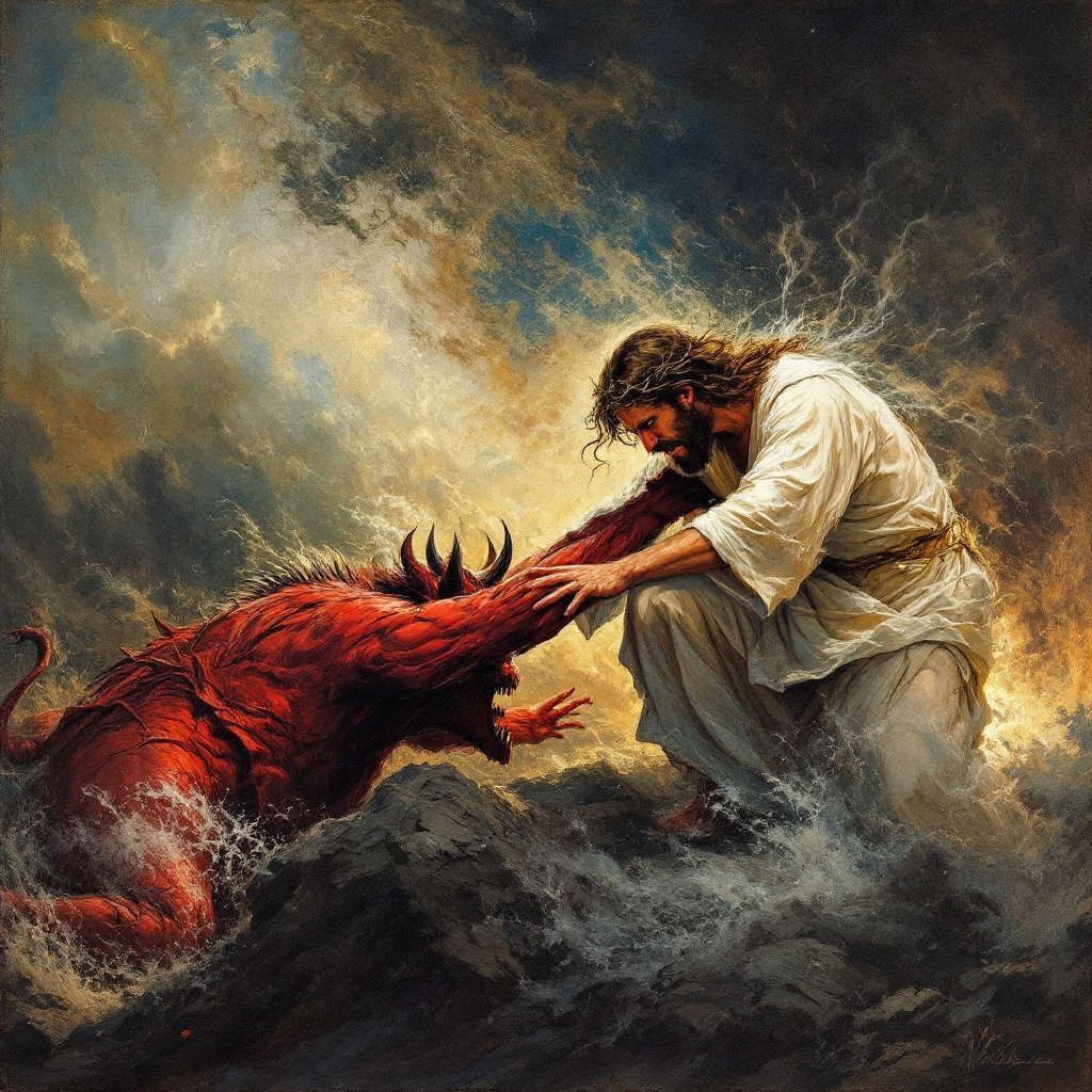 Jesus trampleing on the devils neck.