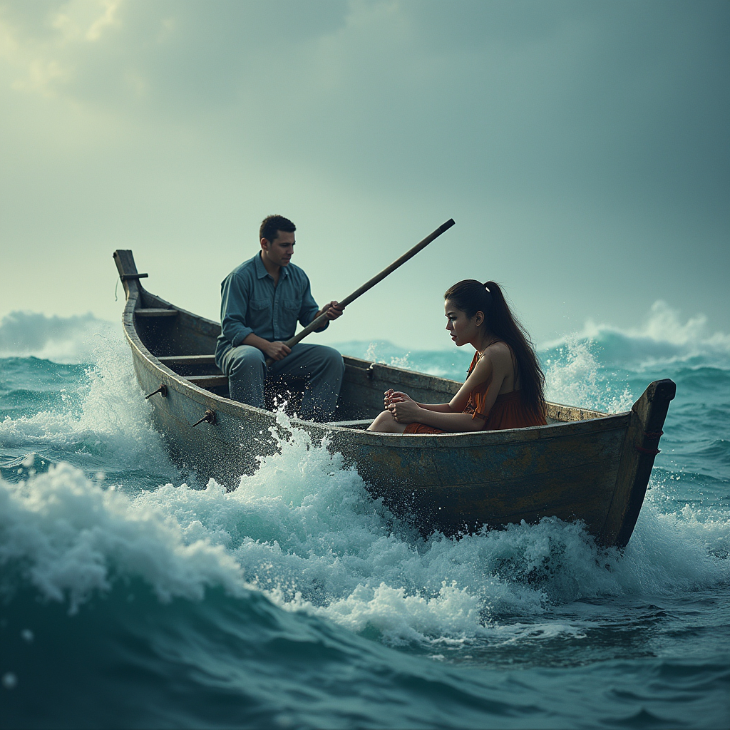a large rowboat in the middle of an ocean storm with...