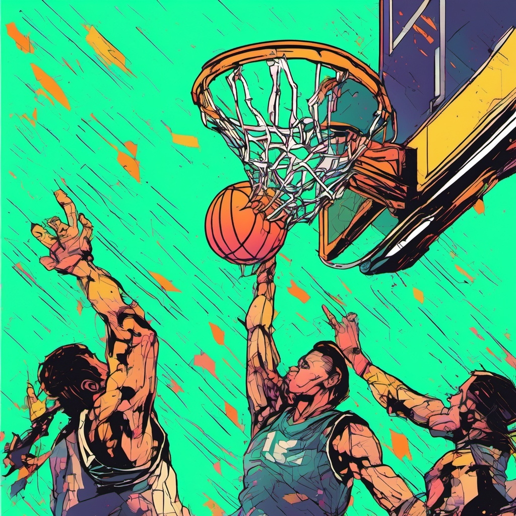 A hand dunking a basketball in the goal