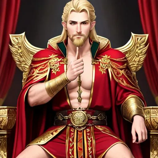 A tall male Elven Emperor wearing red and gold vikin... | OpenArt