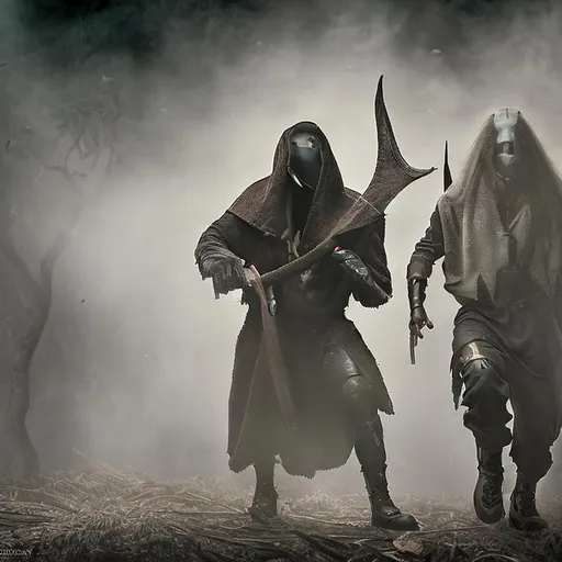 Mystical photo of masked demons in rugged gear, enga... | OpenArt