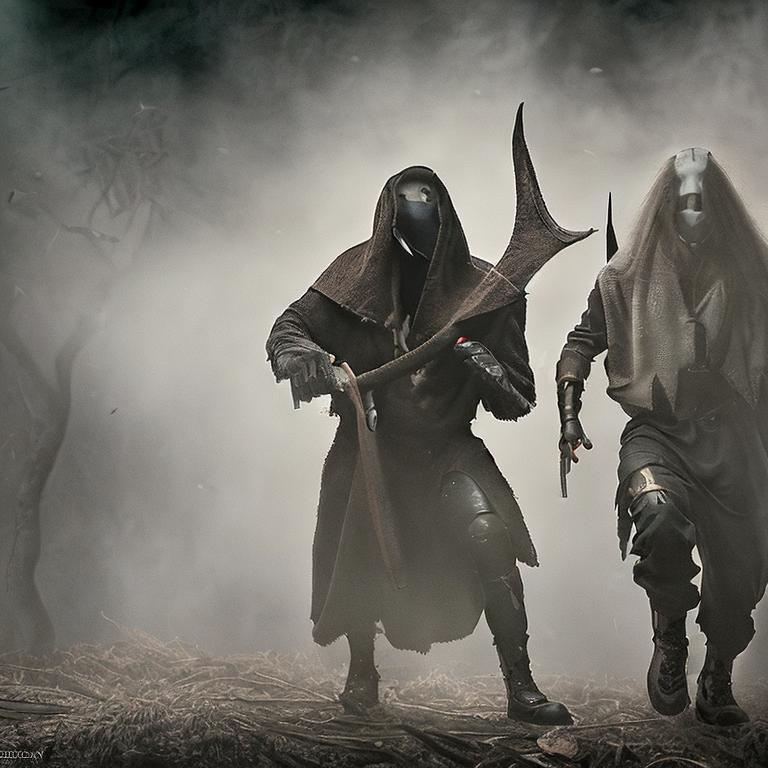 Mystical photo of masked demons in rugged gear, enga... | OpenArt