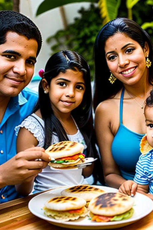 Venezuelan family of four eating arepas reina pepiada | OpenArt