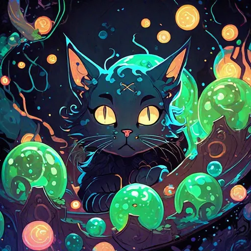 Adorable cat, runic magic, surrounded by slime globs...