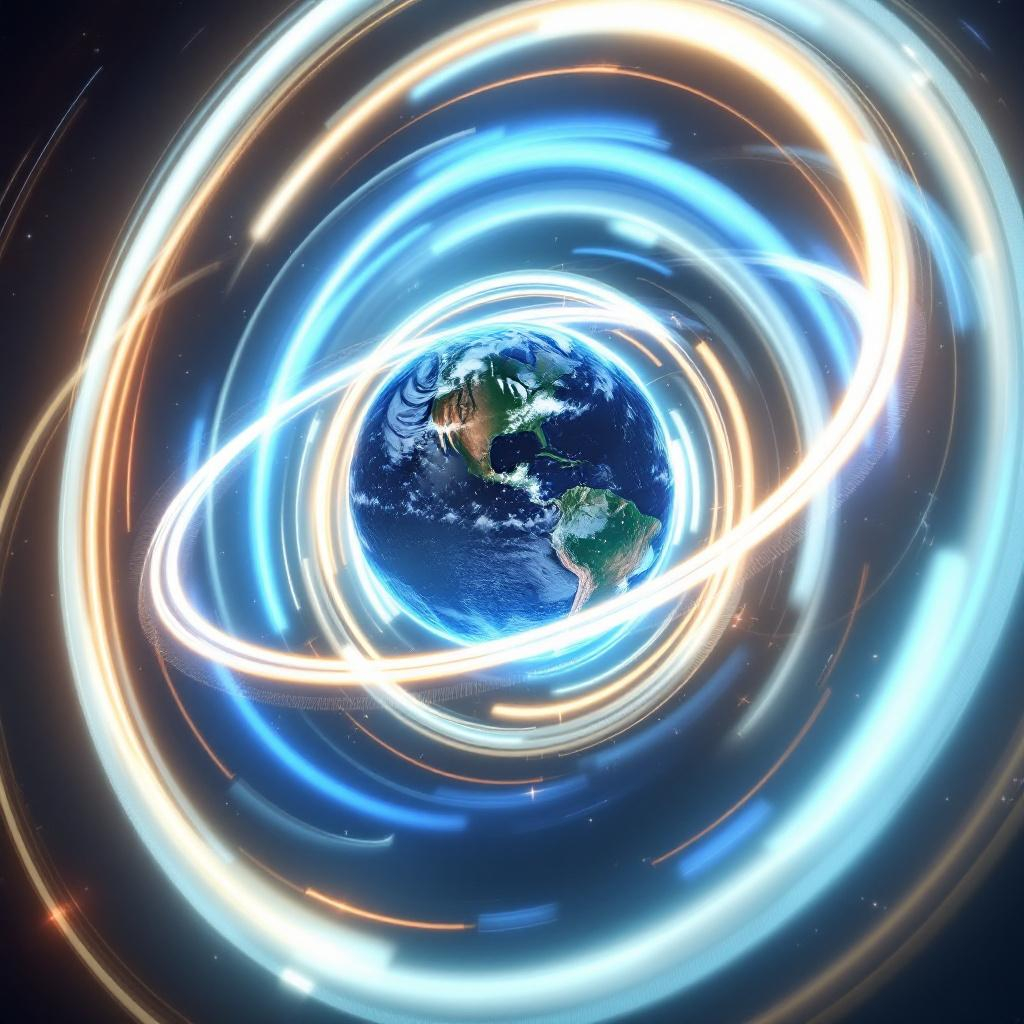 Visual of Earth spinning with huge glowing rings 6 s...