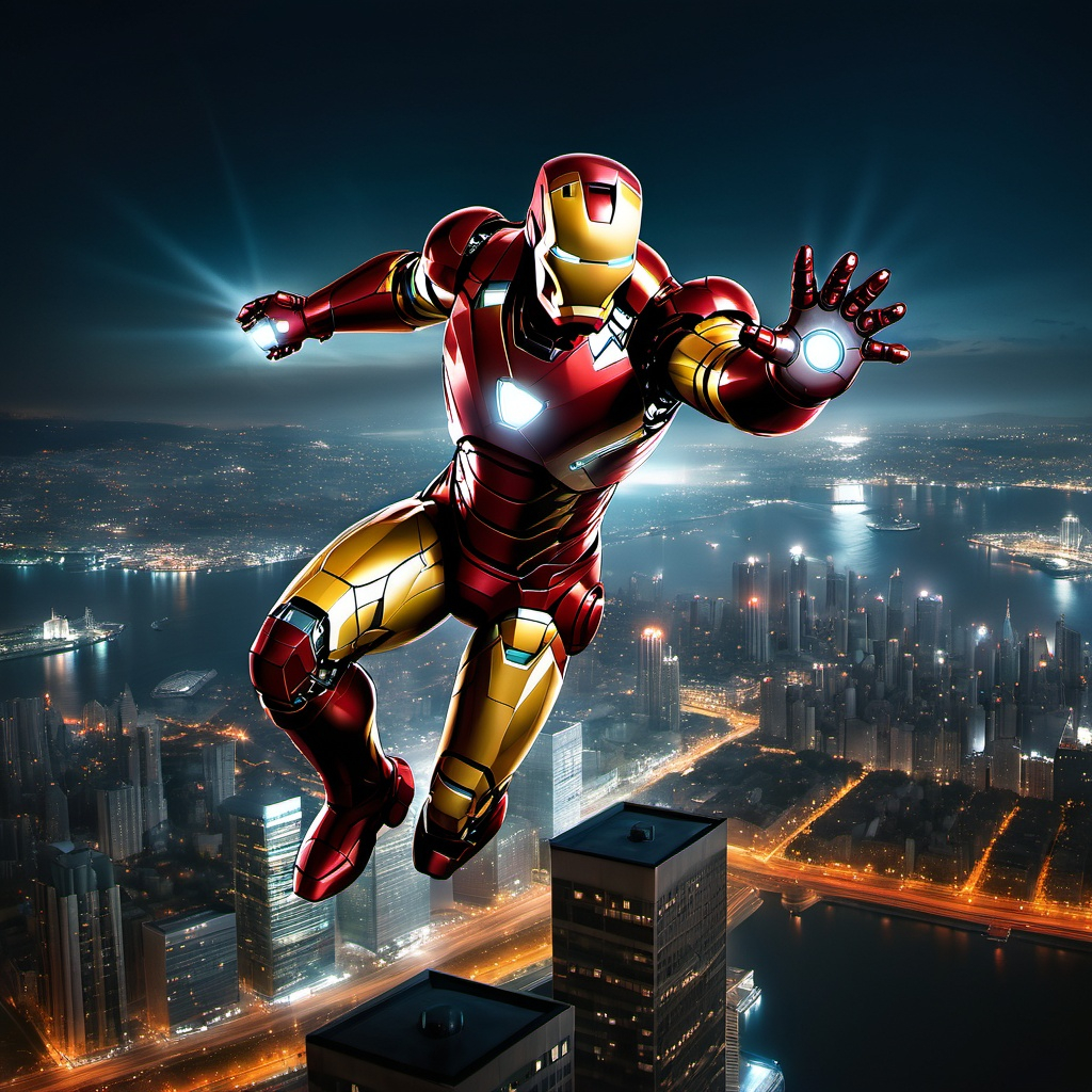 Iron Man flying over a cityscape at night.