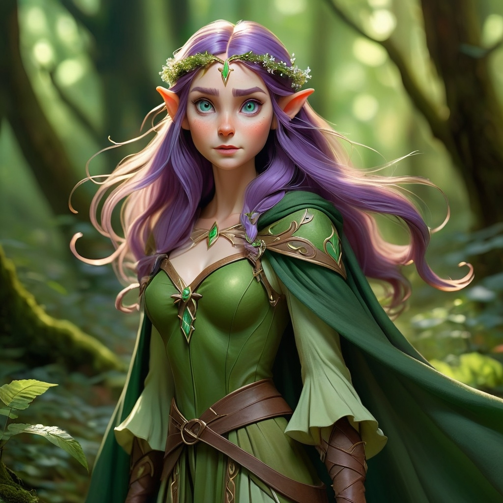 Elf ranger in a mystical forest around sunlight