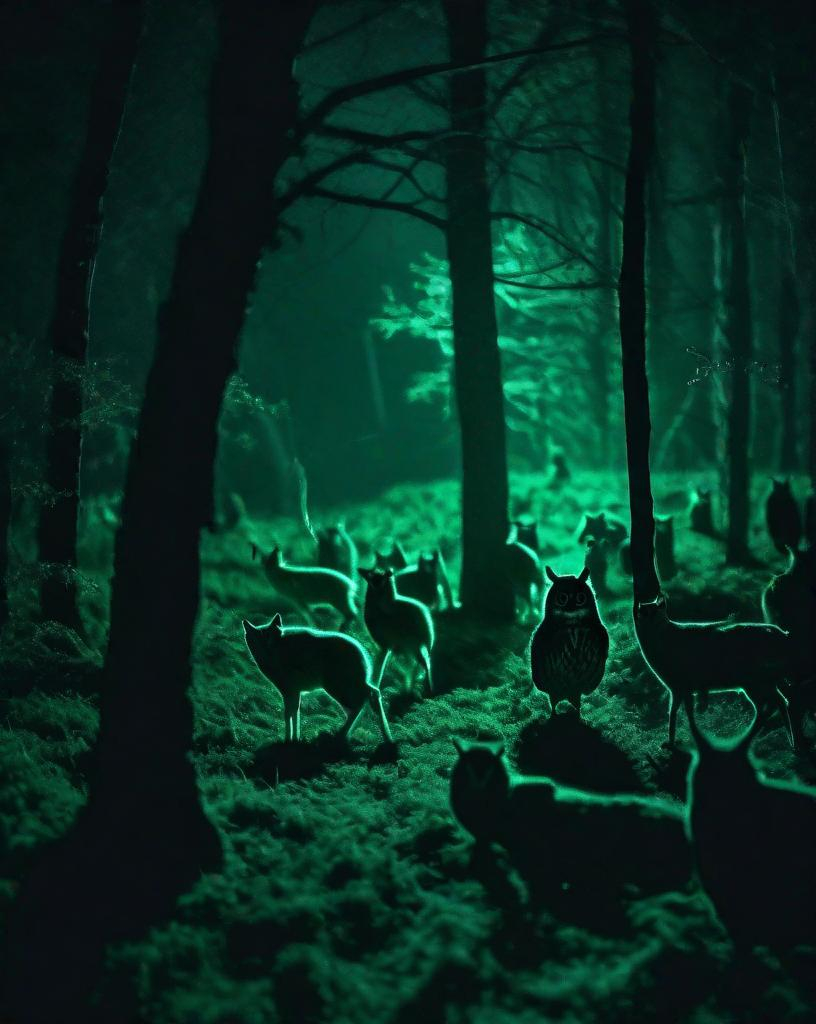 A dark forest comes alive at night seen in eerie gre...