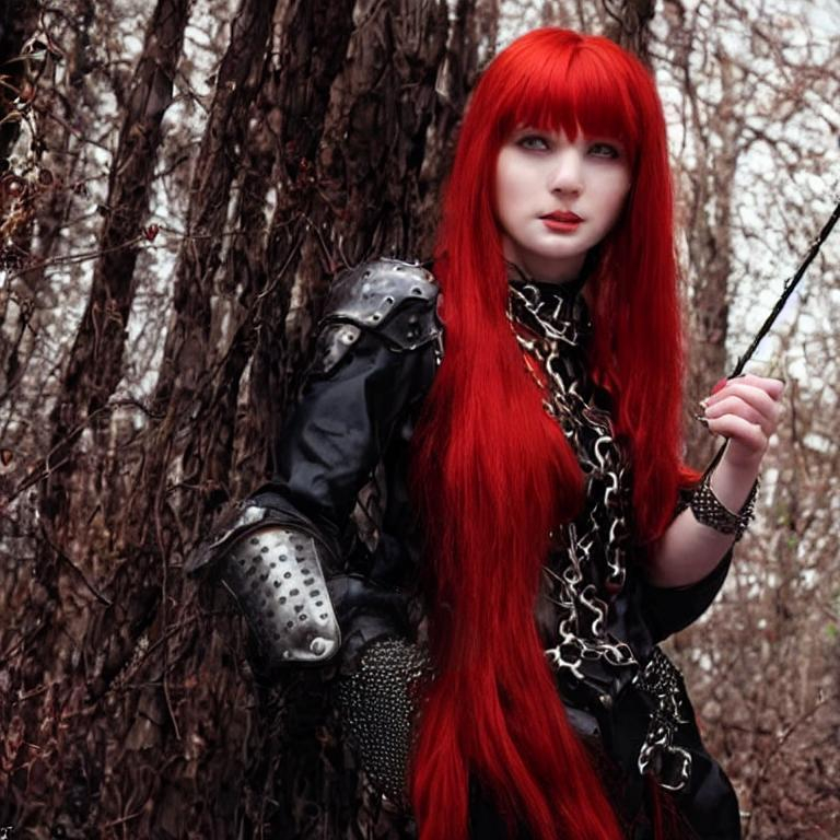beautiful red hair girl dressed in chainmail gauntle... | OpenArt