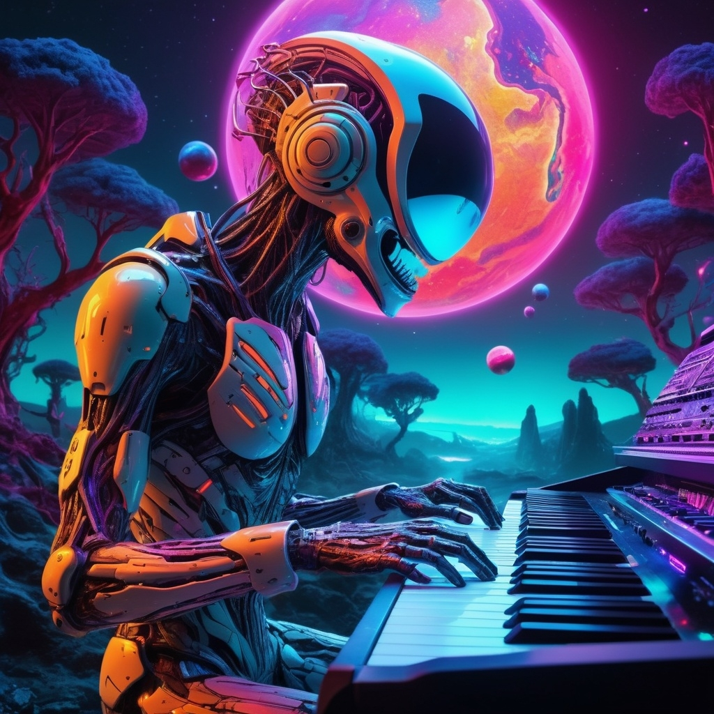 A cyborg playing synthesiser keyboard on a planet wh...